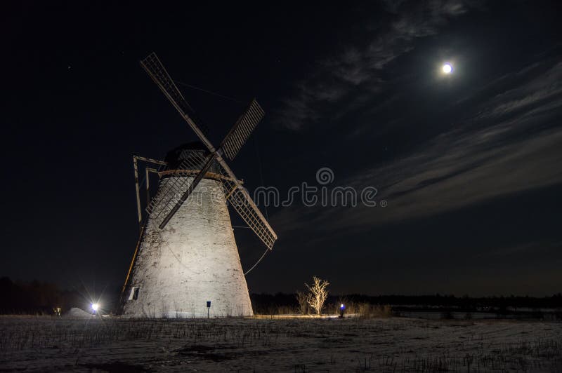 An Old Windmill in Moonlight Stock Photo - Image of moon, night: 113996440
