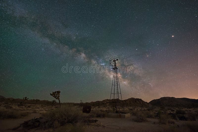 Old Windmill at Night in Joshua Tree Stock Photo - Image of windmill ...