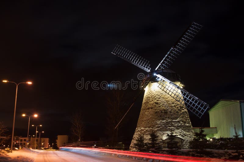 Old Windmill at Night with Moon Stock Image - Image of farmland, season ...