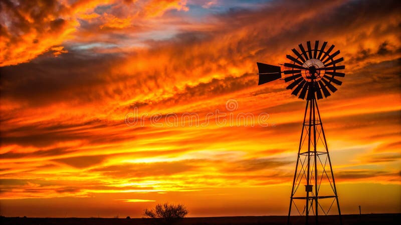 An Old Windmill Silhouetted Against a Vibrant Orange Sunset Stock ...