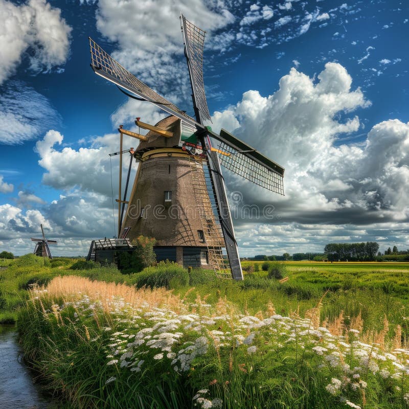 Old Windmill in Summer, Holland, Netherlands Wind Mill, Windmill with ...