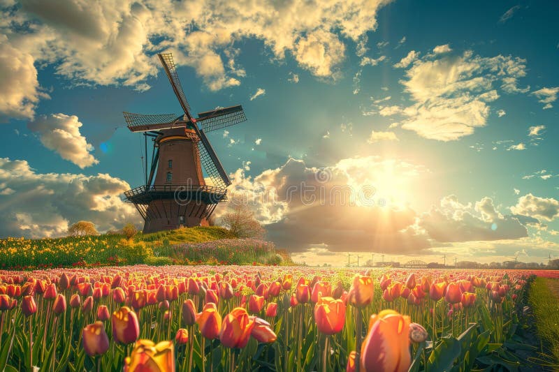 Old Windmill in Summer, Holland, Netherlands Wind Mill, Windmill with ...