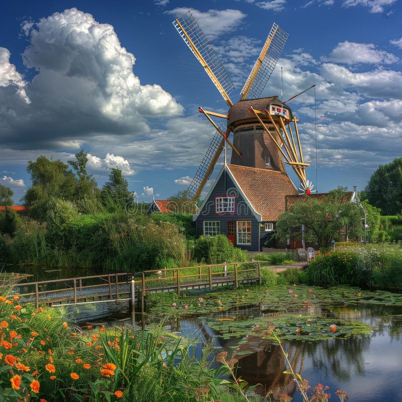 Old Windmill in Summer, Holland, Netherlands Wind Mill, Windmill with ...