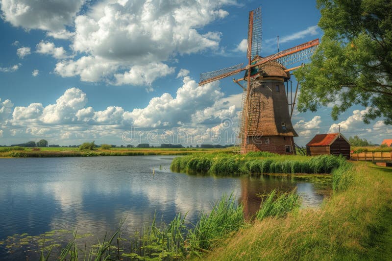 Old Windmill in Summer, Holland, Netherlands Wind Mill, Windmill with ...