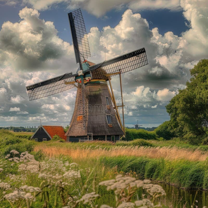 Old Windmill in Summer, Holland, Netherlands Wind Mill, Windmill with ...