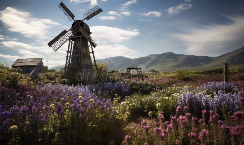 Old Windmill Towers Over Field of Wildflowers Creating Using Generative ...
