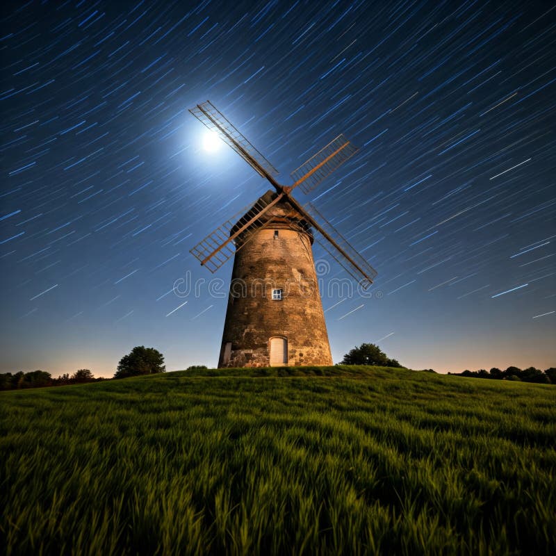 Old Windmill Under Starry Sky Stock Illustration - Illustration of ...