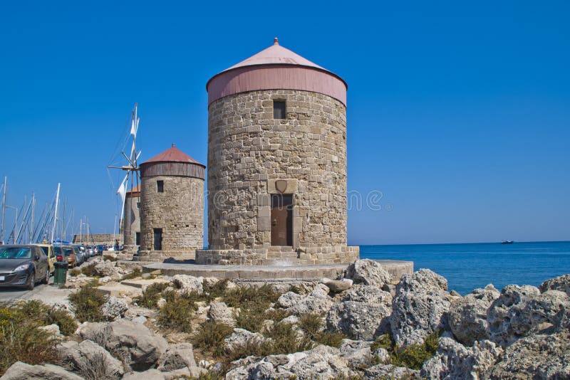 Old Windmills at Mandraki Harbor (rhodes) Stock Photo - Image of europe ...