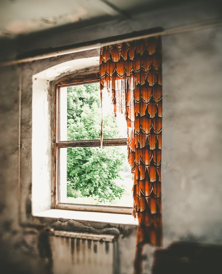 Tattered Curtain in Old Window Stock Photo - Image of ripped, house ...