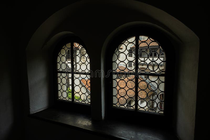 Old Window in the Dark Room of Castle, View from the Inside of the ...