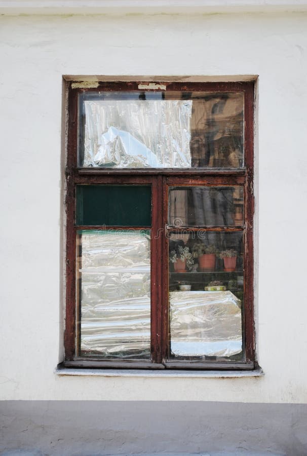Old Window with Foil instead of Glass, Plywood Stock Photo - Image of ...