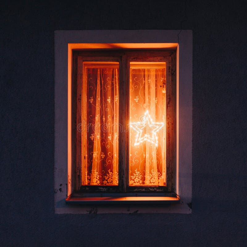 Old Window with Glowing Holiday Star in Night Stock Photo - Image of ...