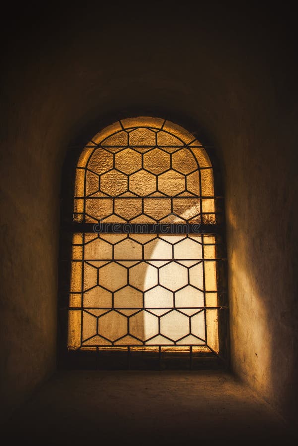 Church Interior. Window Light in Dark Inside Room. Shining Door in ...
