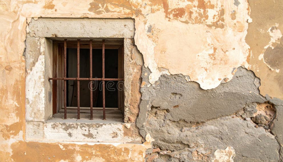 Old Window with Rusty Bars Set in Distressed Beige and Gray Plaster ...