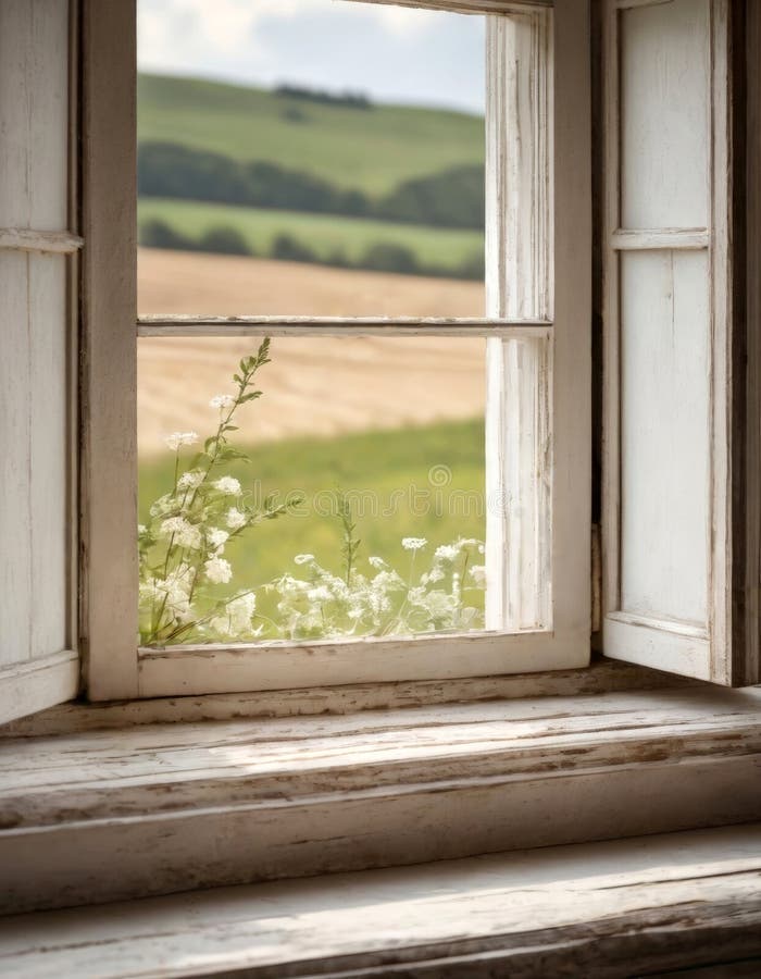 Old Window and Windowsill Overlooking a Landscape Stock Illustration ...