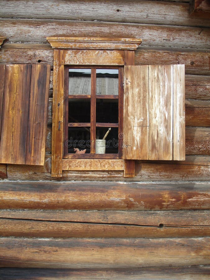 Old Window with Wooden Shutters in a Wooden House Stock Photo - Image ...