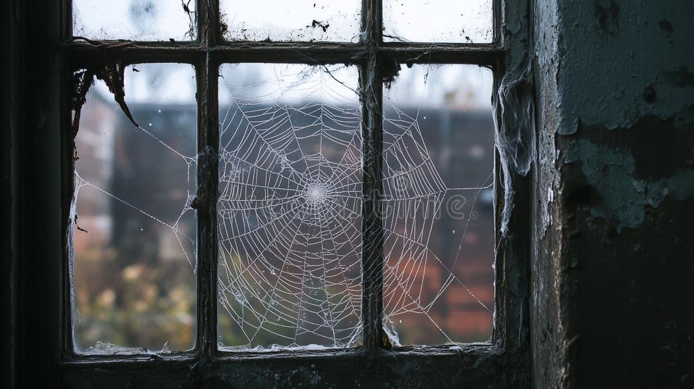 Old Windowpane Divided into Six Sections, Featuring a Central and Detailed Spider Web with ...