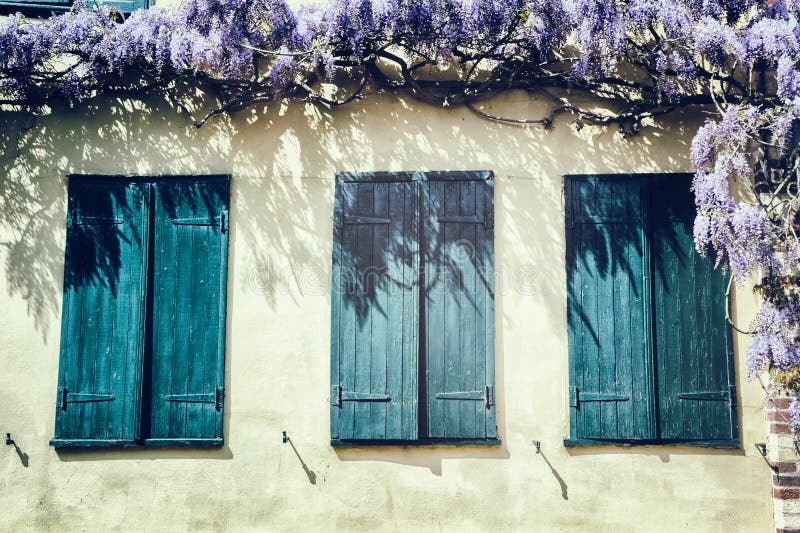 Old Windows with Blue Shutters. Stock Photo - Image of plank, aged ...