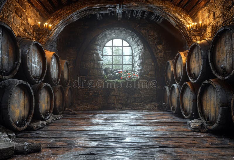 Old Wine Barrels in the Wine Cellar with Window at Night Stock Photo ...
