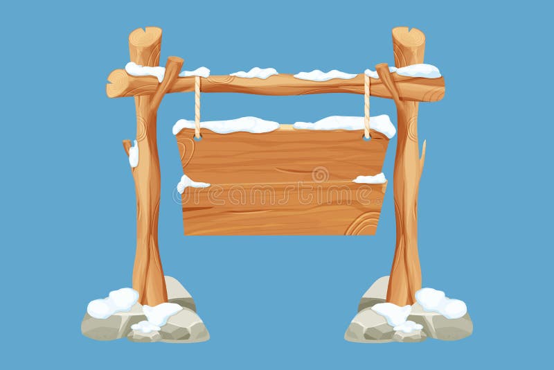 Old Winter Wooden Blank Signboard With Snow Rope In Cartoon Style