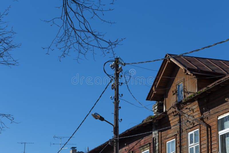 Old wires on electric pole stock photo. Image of structure - 221694340