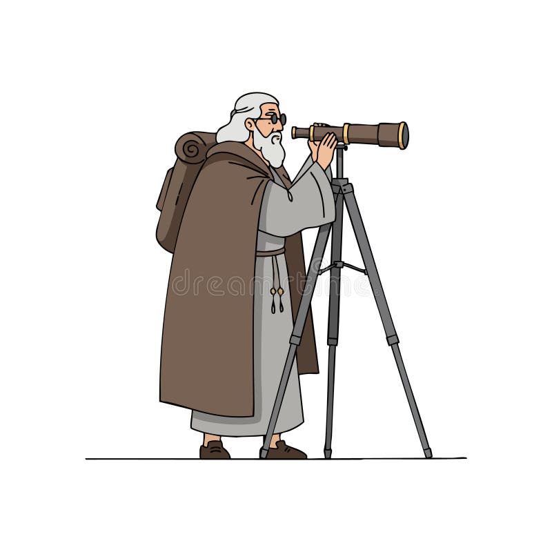 Old Wise Man Explorer Looking through Telescope Standing with Backpack ...