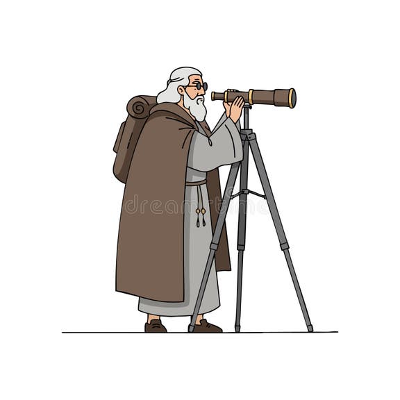 Old Wise Man Explorer Looking through Telescope Standing with Backpack ...