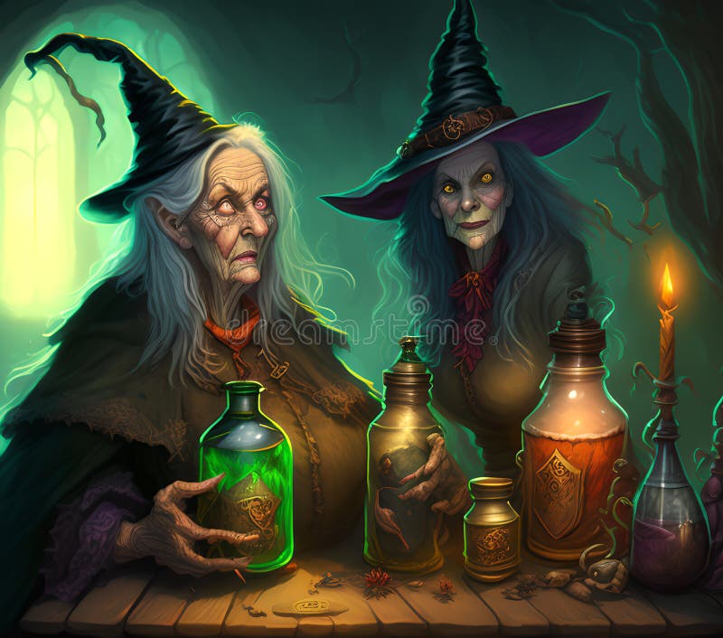 Old Witch and Magic Potions, Generative AI Illustration Stock ...