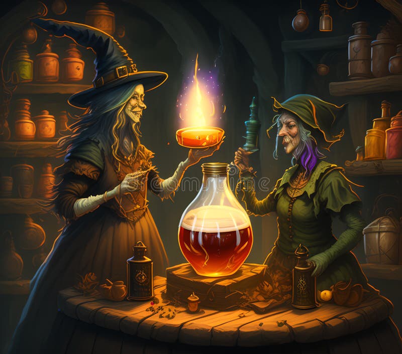 Old Witch and Magic Potions, Generative AI Illustration Stock ...