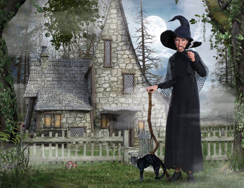 An Old Witch Stands Leaning on a Stick in Front of Her Witch S House ...