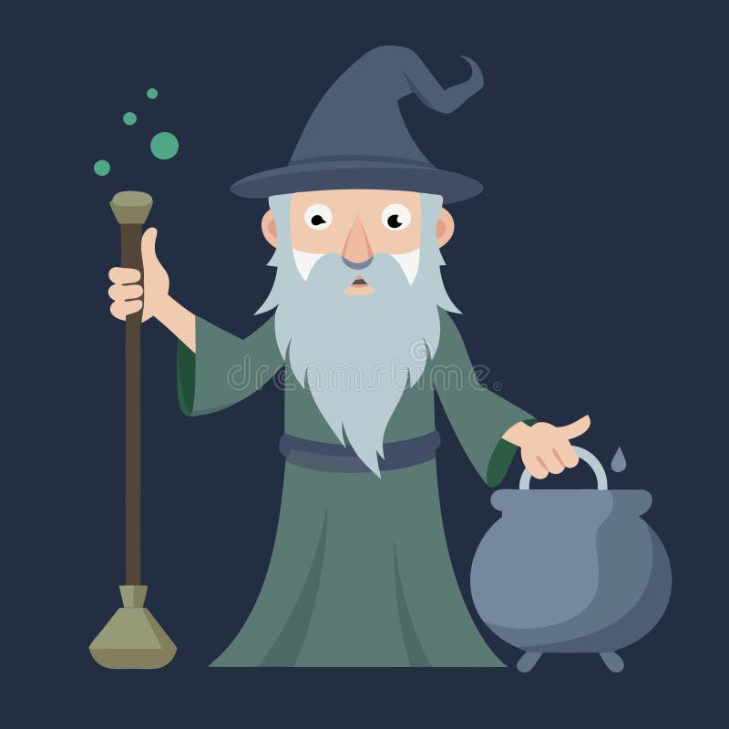 Old Wizard Cartoon Character with Magic Stuff. Vector Illustration Set ...