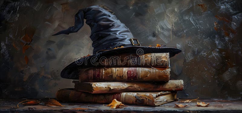 Old Wizard Hat Placed on Vintage Books Surrounded by Autumn Leaves in a ...