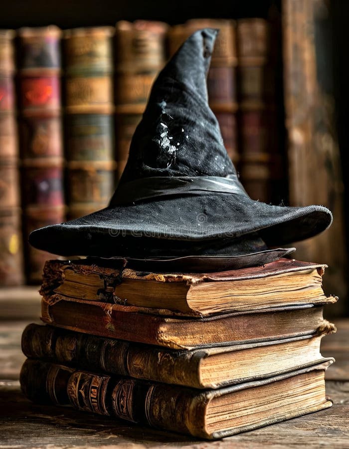 Old Wizard Hat on Stack of Ancient Books Stock Image - Image of ...