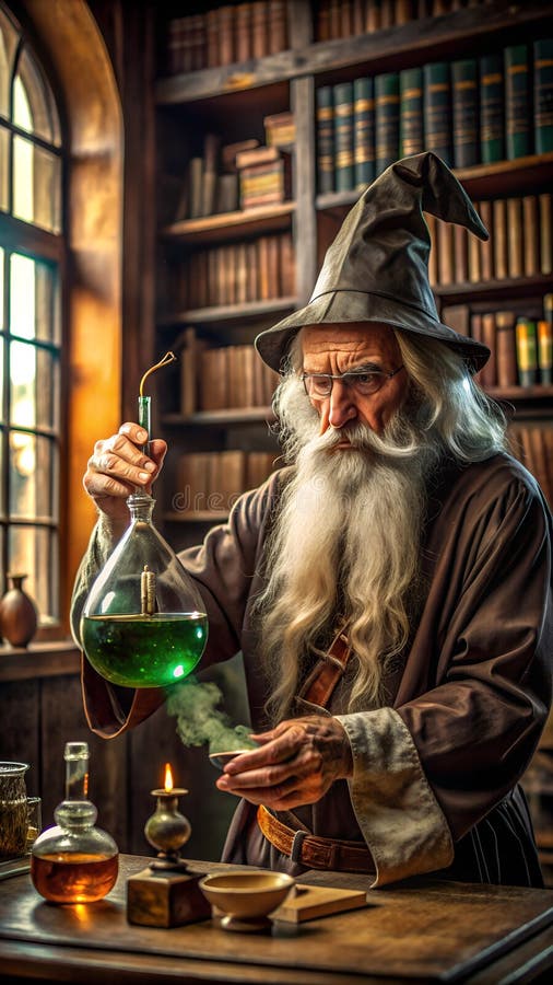 Old Wizard Inside a Library Creating a Magic Potion Inside a Glass ...