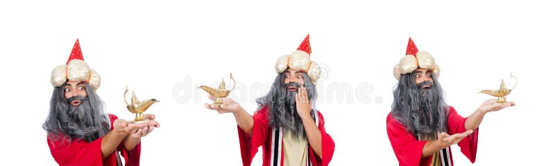 Old Wizard with Lamp Isolated on White Stock Photo - Image of ...