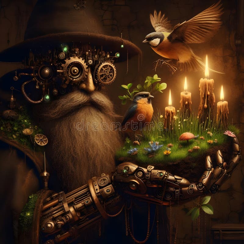 An Old Wizard with a Mechanical Hand. Stock Illustration - Illustration ...