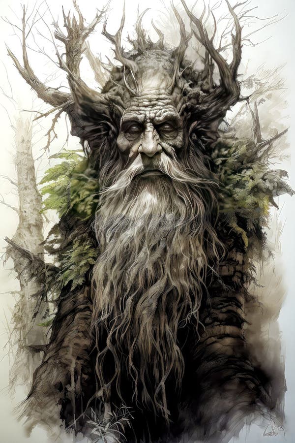 An Old Wizard in Moss-covered Robe and Crowned with a Wreath of Twisted ...