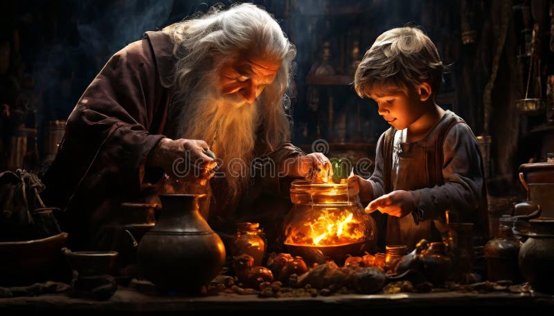 Wise Wizard Teaching Young Boy Magic by Glowing Potion Stock Image ...