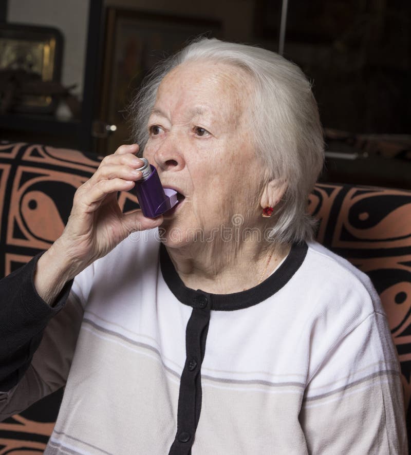 Old Woman with Asthma Inhaler Stock Photo - Image of inhaler, mouth ...