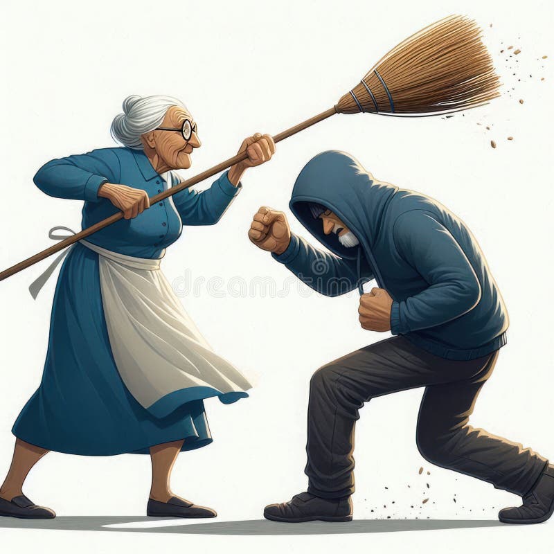 An Old Woman Beats a Hooded Man with a Broom. Stock Image - Image of ...