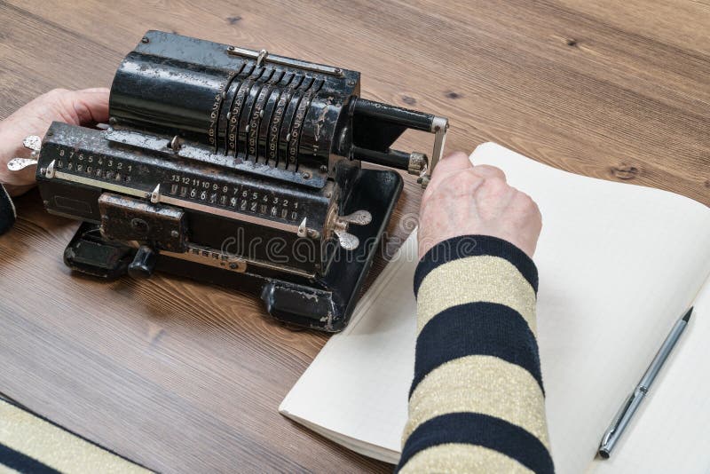 Old Woman Counts on an Adding Machine Stock Image - Image of calculator ...