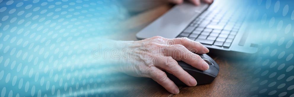 Senior Hand Using the Mouse of a Computer; Panoramic Banner Stock Image ...