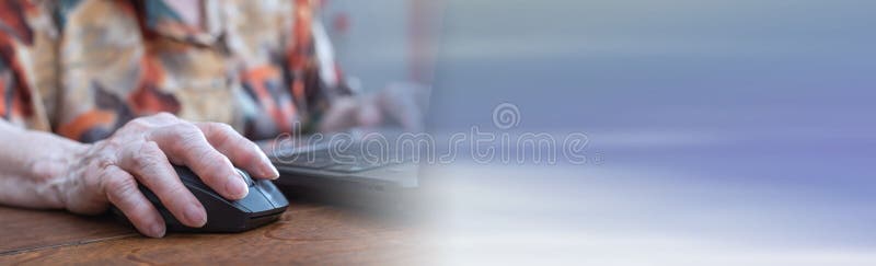 Senior Hand Using the Mouse of a Computer; Panoramic Banner Stock Photo ...