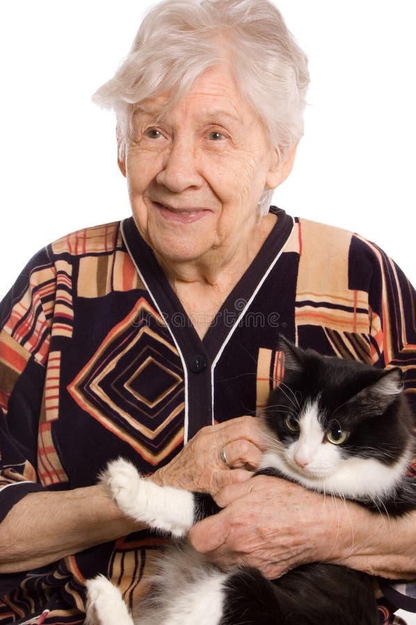 Old Woman Isolated on White and Cat Stock Image - Image of adult ...