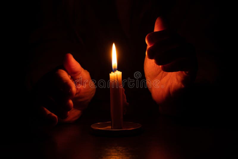 Old Woman`s Hands and Candle Flame in the Dark, Mourning, Candle in the ...