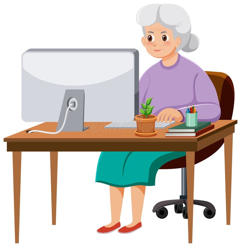 Old Woman Sitting in Front of Computer Stock Vector - Illustration of ...