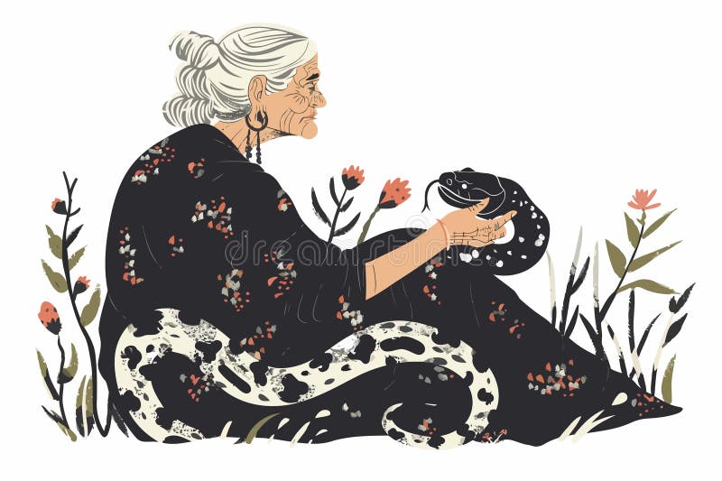 Old Woman with Snake Isolated Illustration Stock Illustration ...