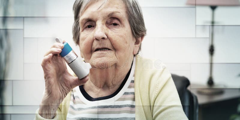 Old Woman Using an Asthma Inhaler, Geometric Pattern Stock Photo ...