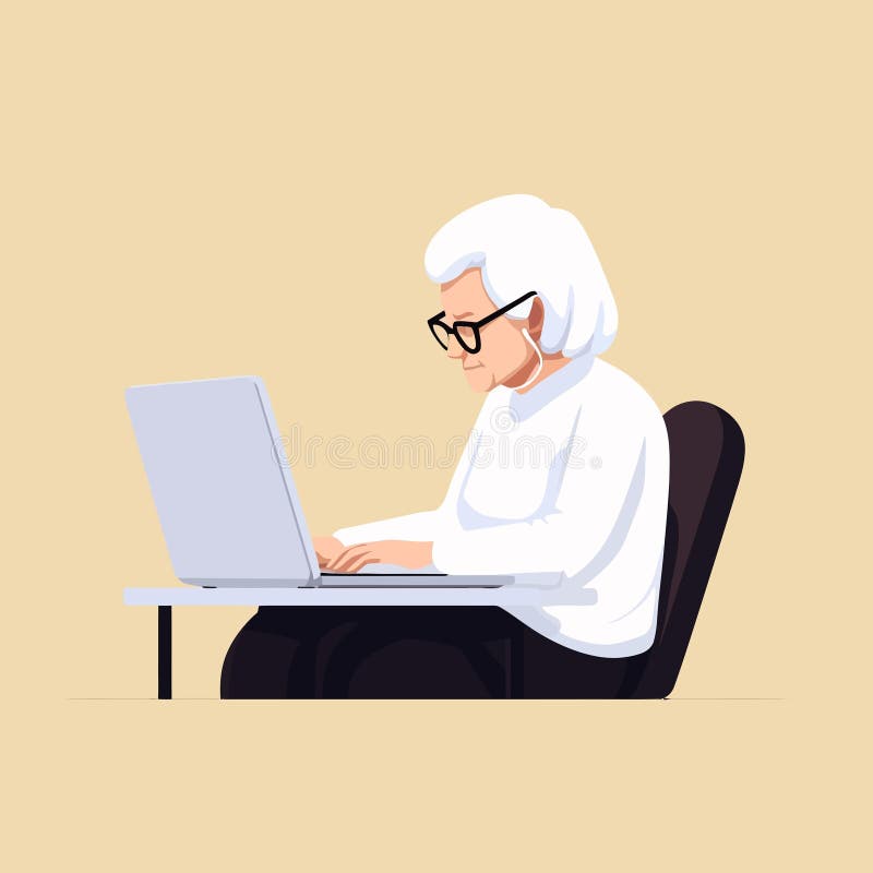 Old Woman Using Laptop Vector Flat Minimalistic Isolated Illustration ...