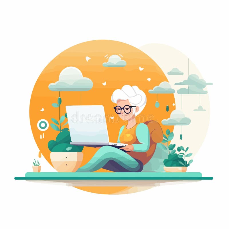 Old Woman Using Laptop Vector Flat Minimalistic Isolated Illustration ...
